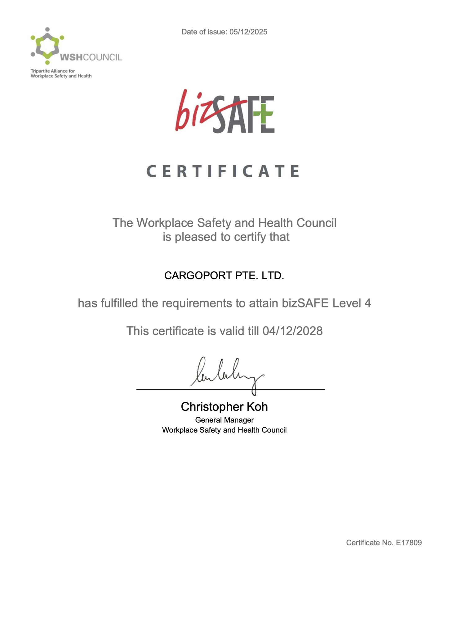 BizSAFE Level 4 certification – Cargoport Pte Ltd